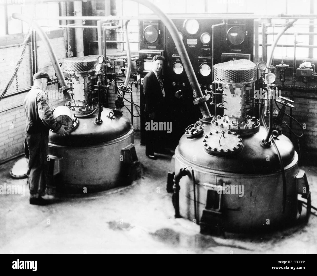 POLYMER PROCESS, c1940. /nPolymerization plant for creating material ...
