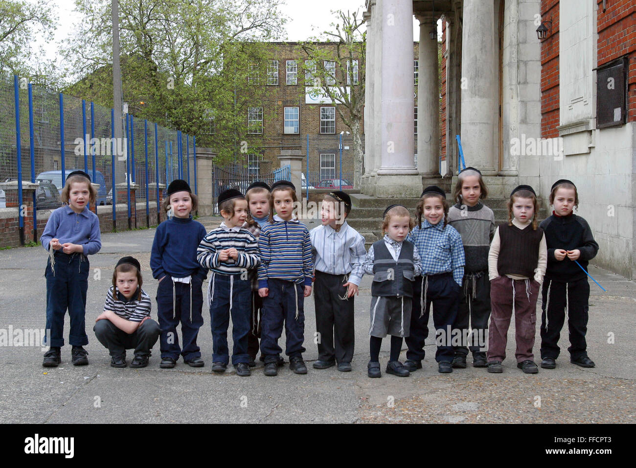 Orthodox Jewish school boys from the Bobov school watching the Lag B ...