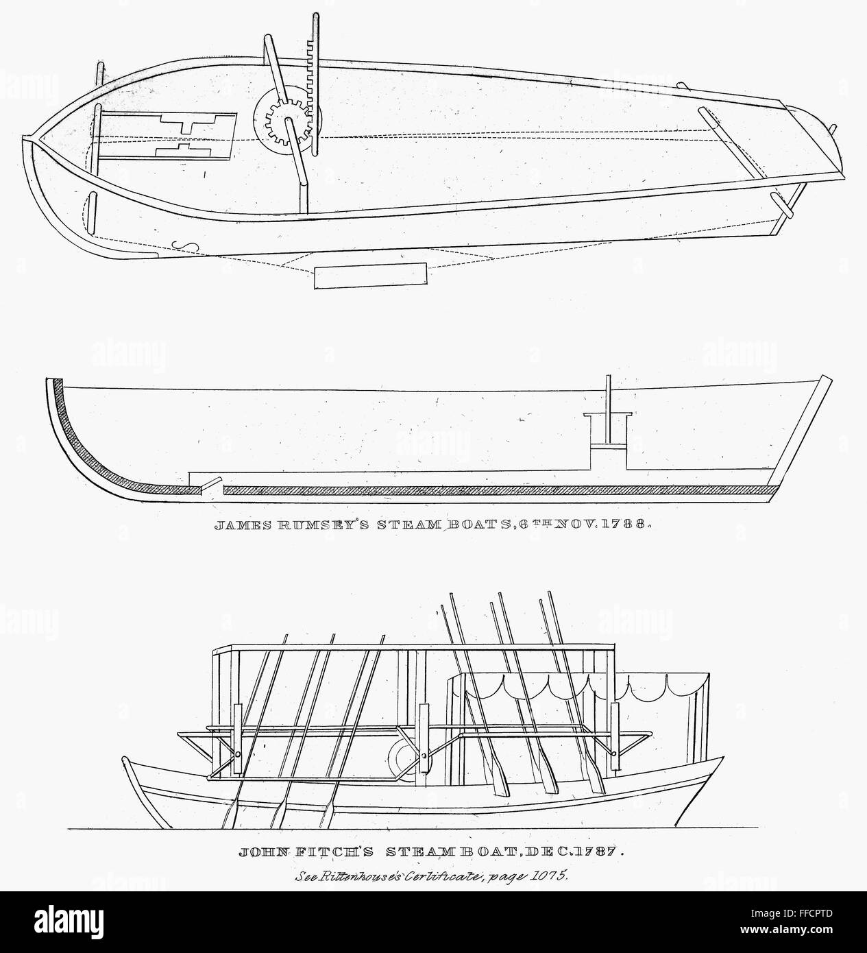 STEAMBOAT PLANS, 1780s. /nPlans of James Rumsey's steamboat, 1788, top ...