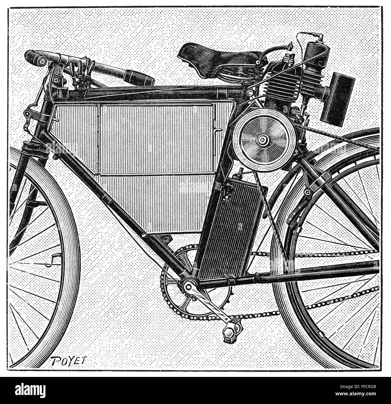 MOTORCYCLE, 1895. /nDesigned by Ridel. Line engraving, 1895 Stock Photo ...