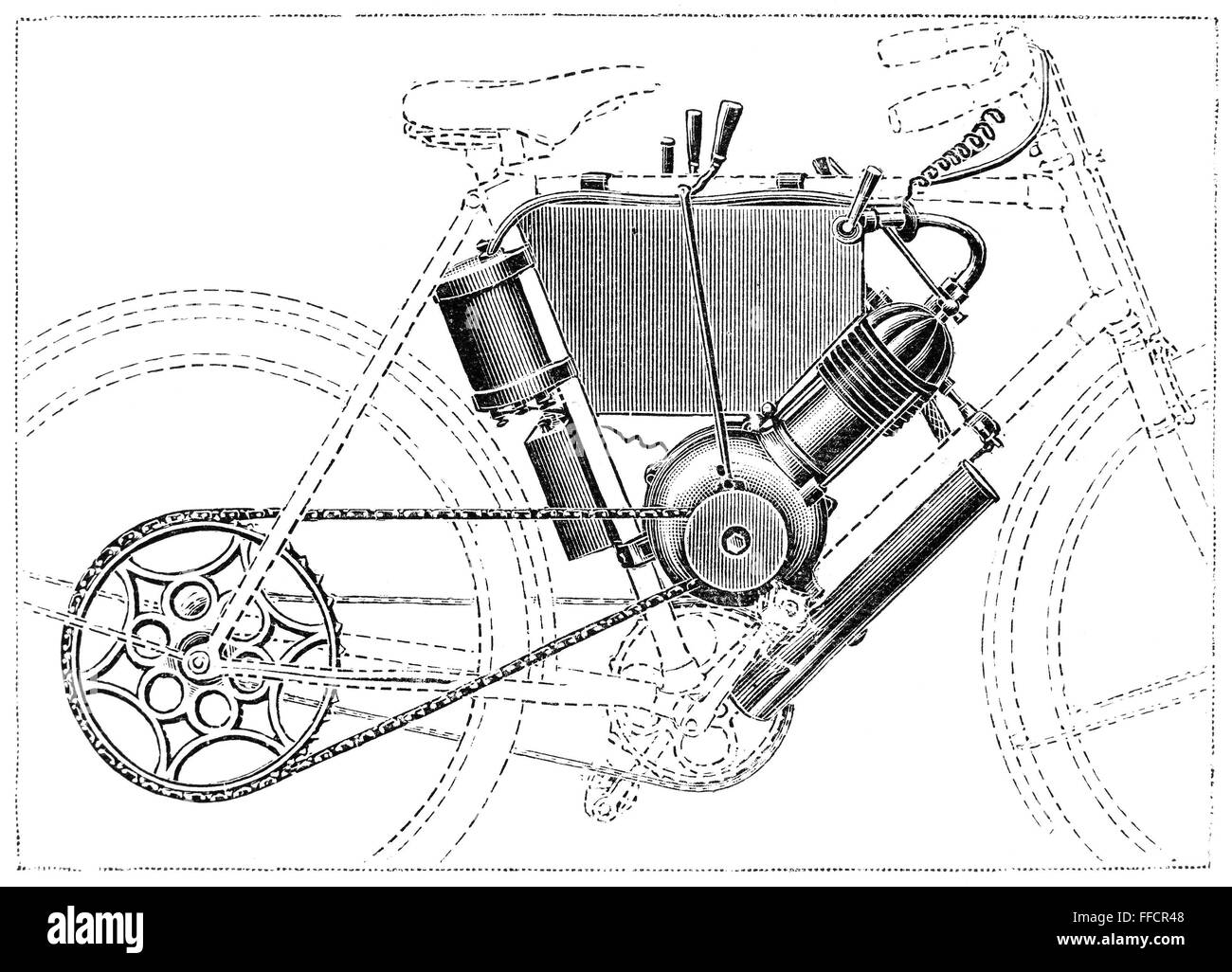 MOTORCYCLE, 1902. /nDesigned by Bruneau. Line engraving, French, 1902 ...