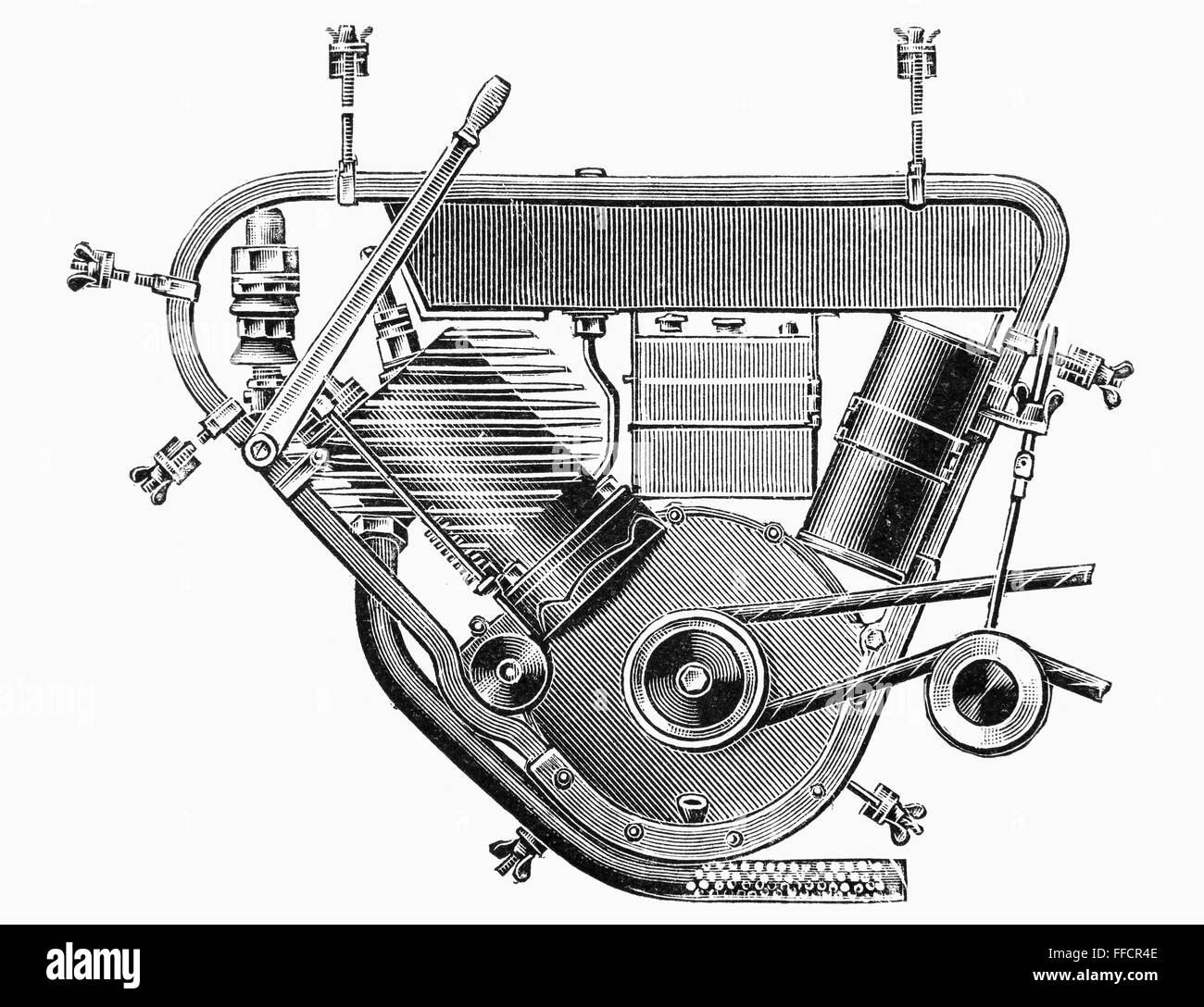 MOTORCYCLE, 1902. /nDesigned by Jussy. Line engraving, 1902 Stock Photo ...