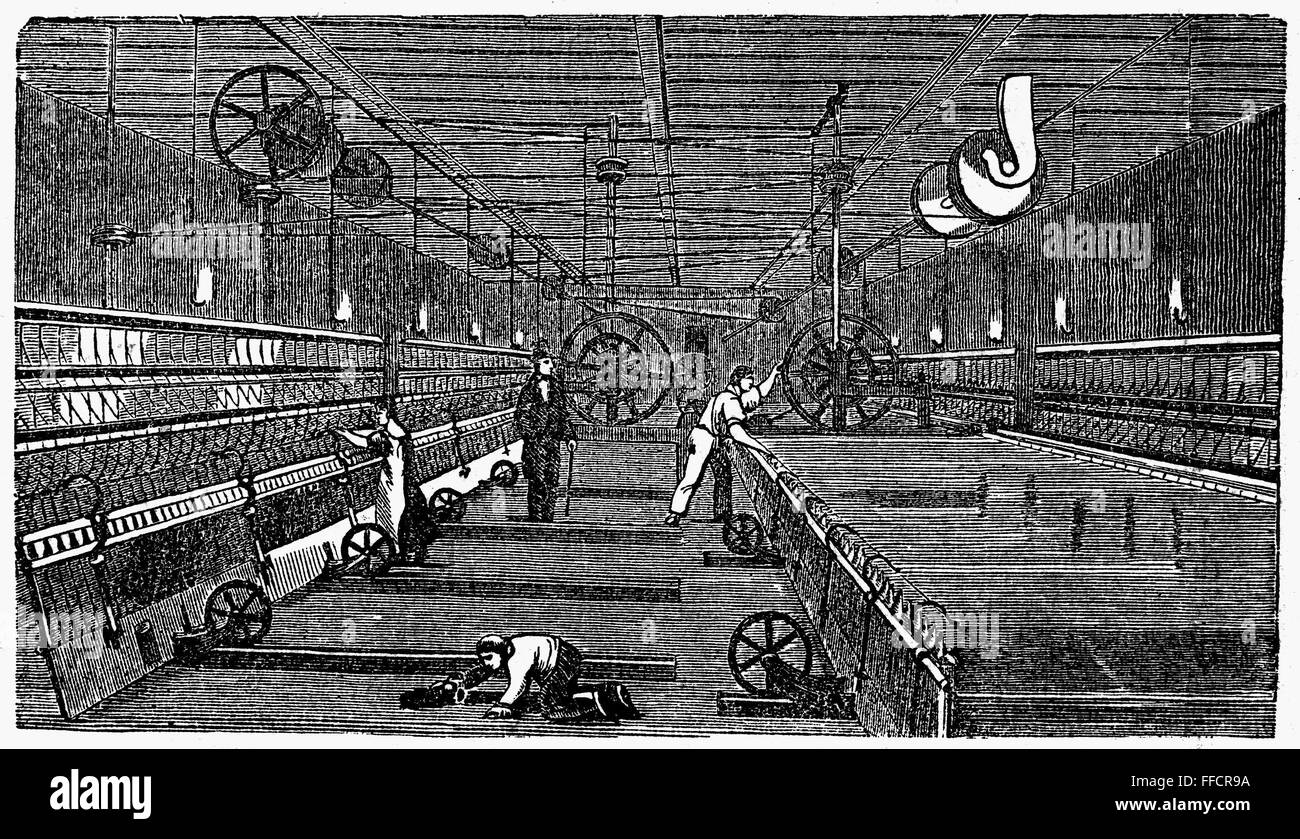 MULE SPINNER, 19th CENTURY. /nA mule spinner, operated by one hand ...