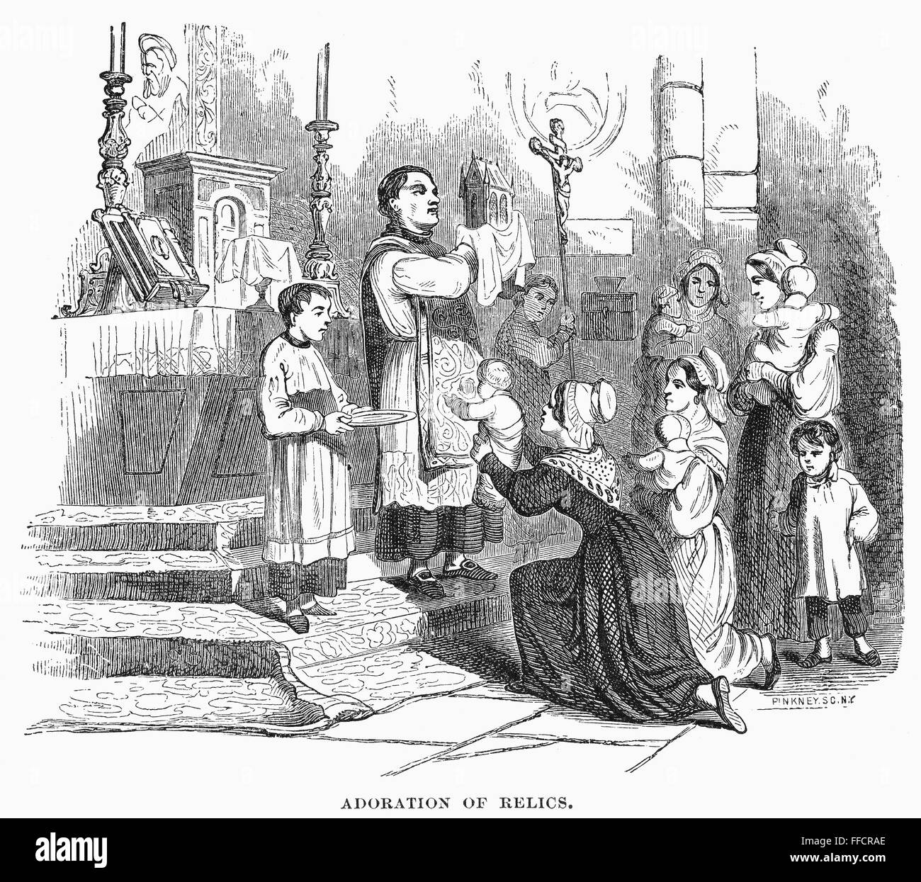 ADORATION OF RELICS. /nScene in a Roman Catholic church. Wood engraving ...