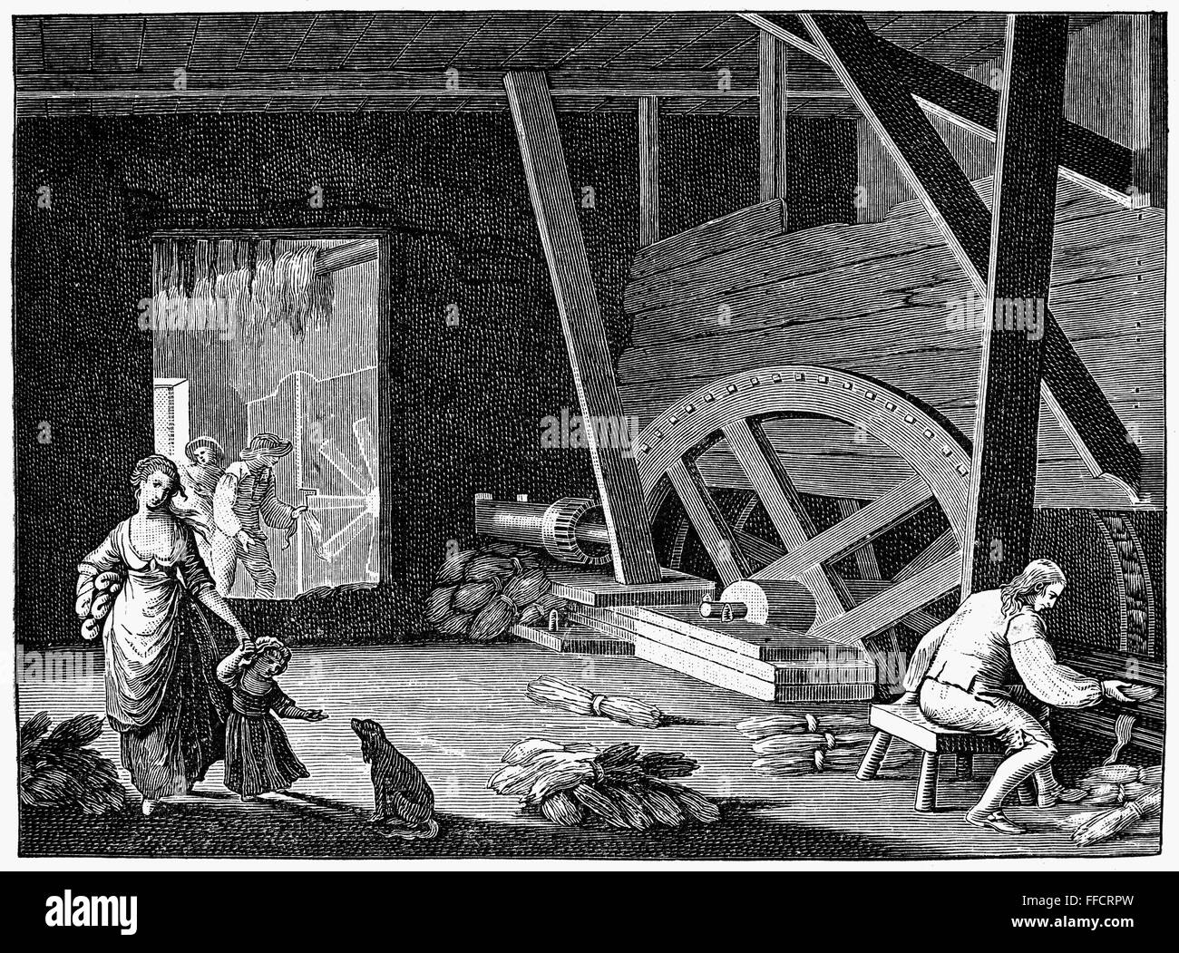 FLAX PRODUCTION, c1800. /nBreaking and scutching flax by machinery ...