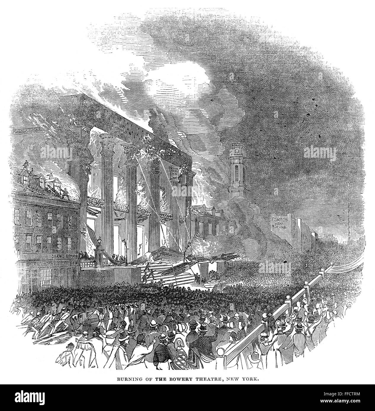 BOWERY THEATRE FIRE, 1845. /nBurning of the Bowery Theatre in New York ...