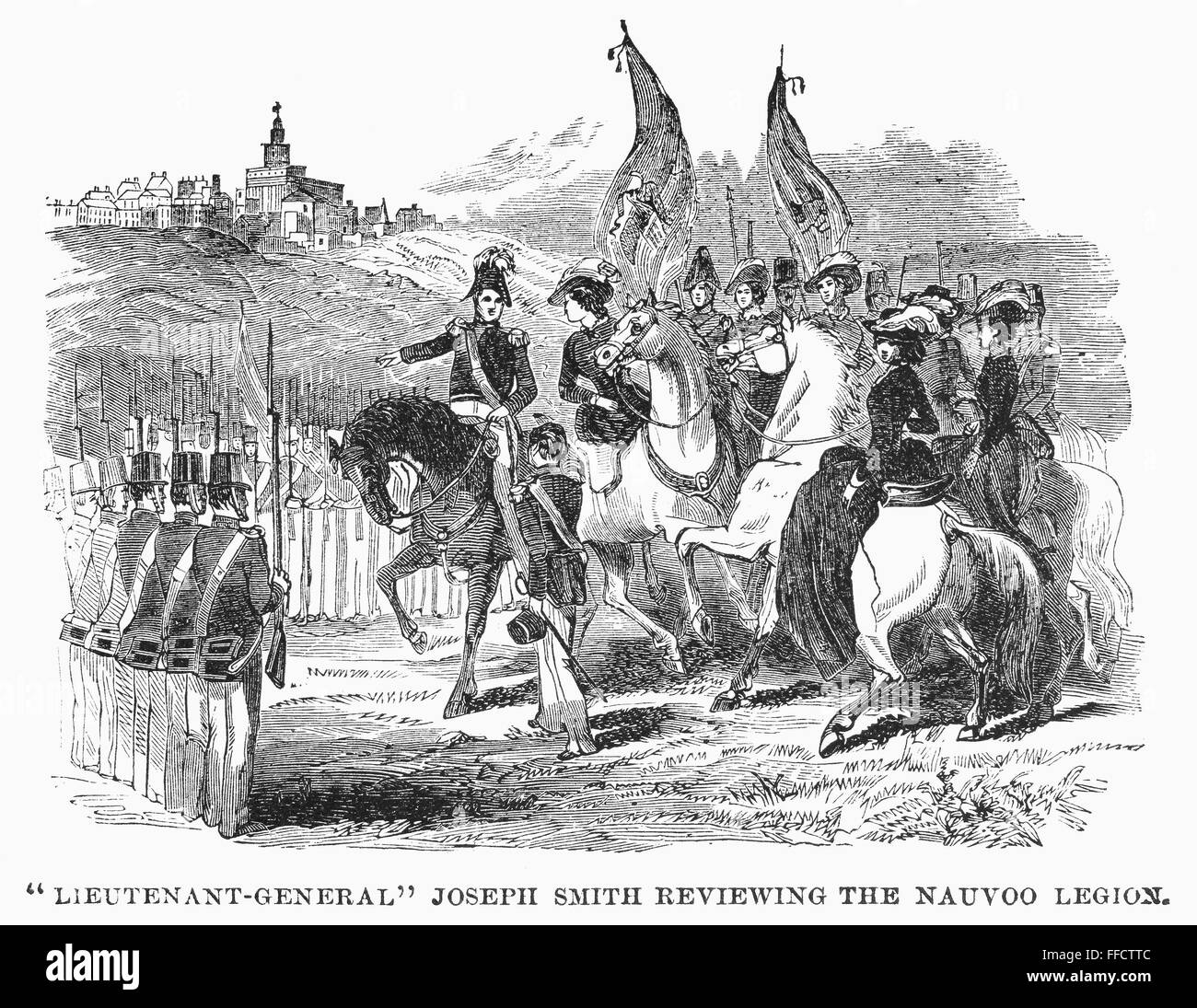 MORMONS AT NAUVOO, 1840s. /nJoseph Smith reviewing the 'Nauvoo Legion ...
