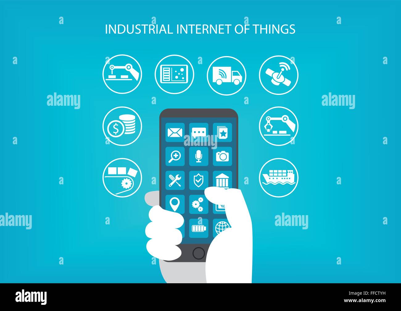 Industrial internet of things concept. Hand holding modern mobile ...