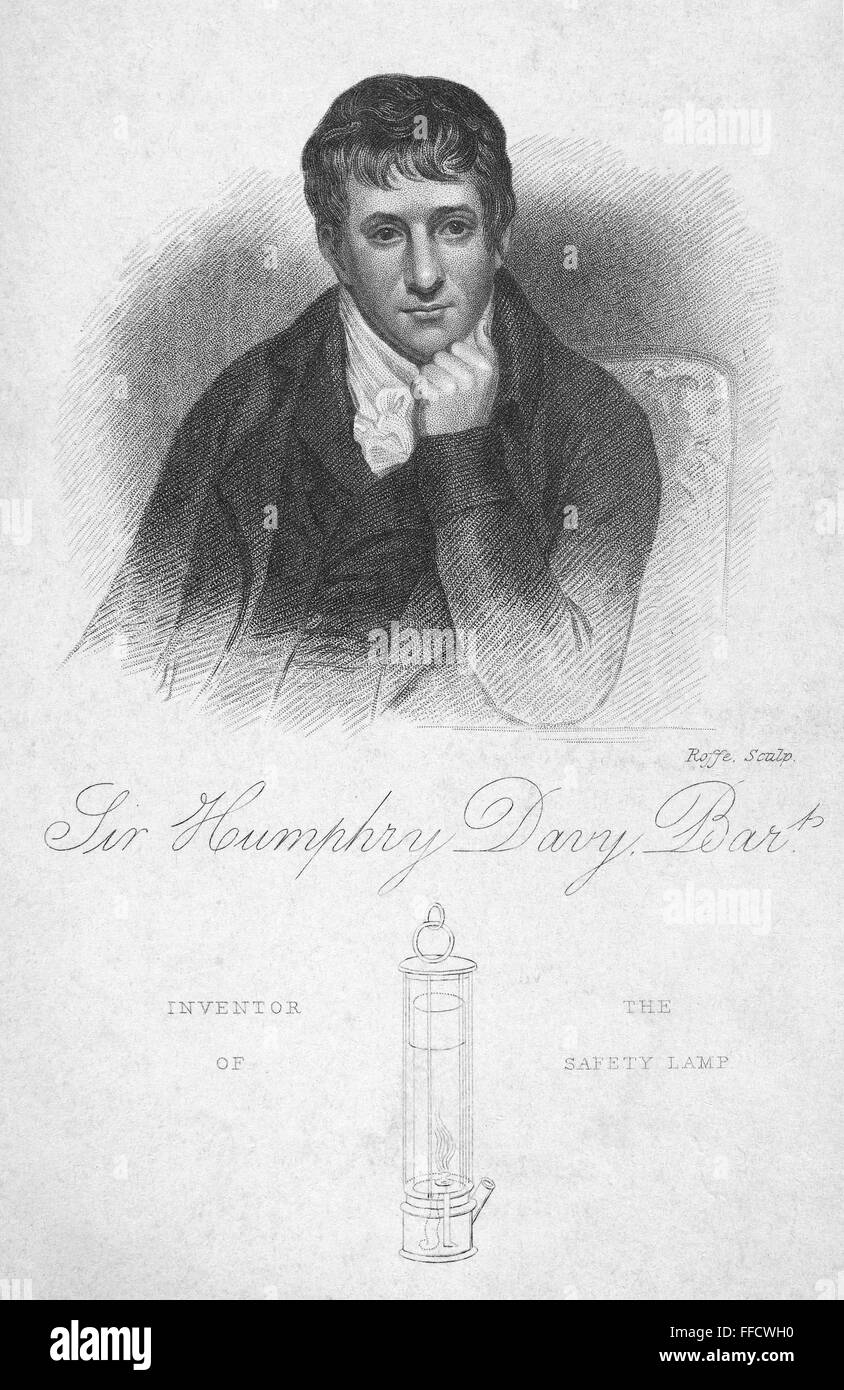 SIR HUMPHRY DAVY (1778-1829). /nEnglish chemist. Davy with the miner's ...