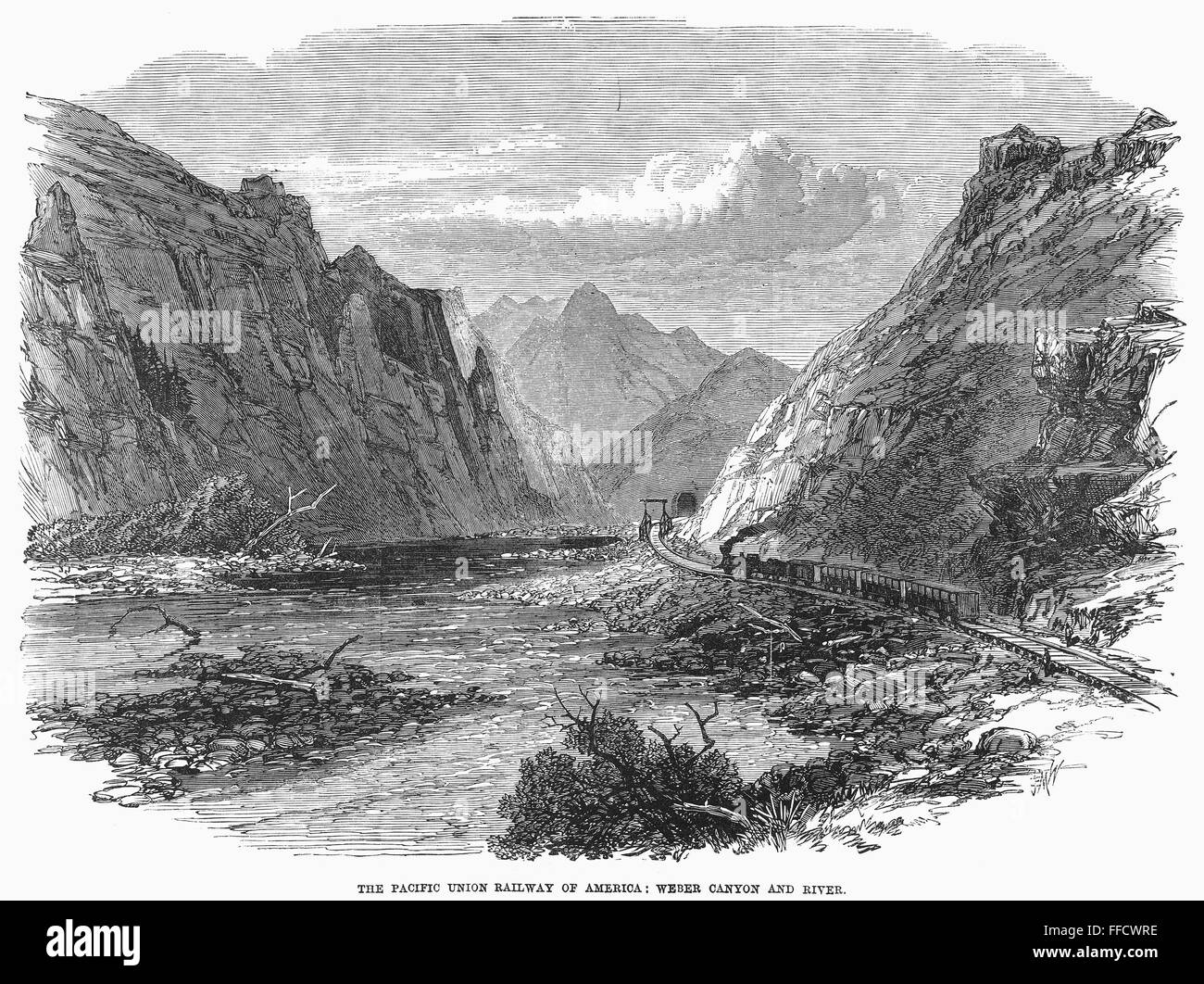 UNION PACIFIC, 1869. /nA Union Pacific Railroad train approaching a ...