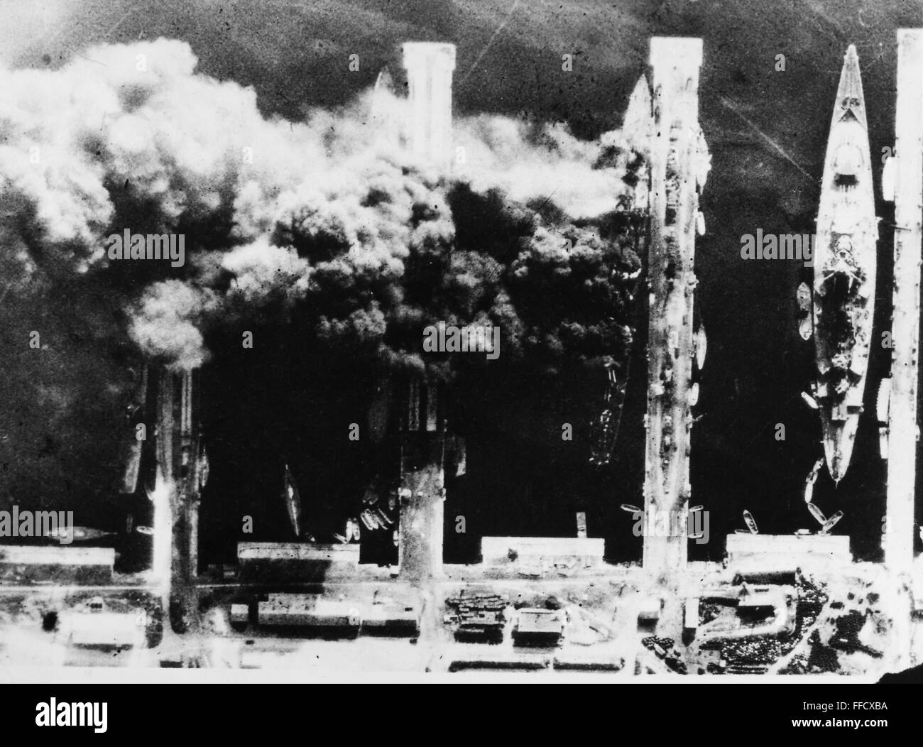 WORLD WAR II: FRENCH FLEET. /nAerial view of burning battleships of the ...