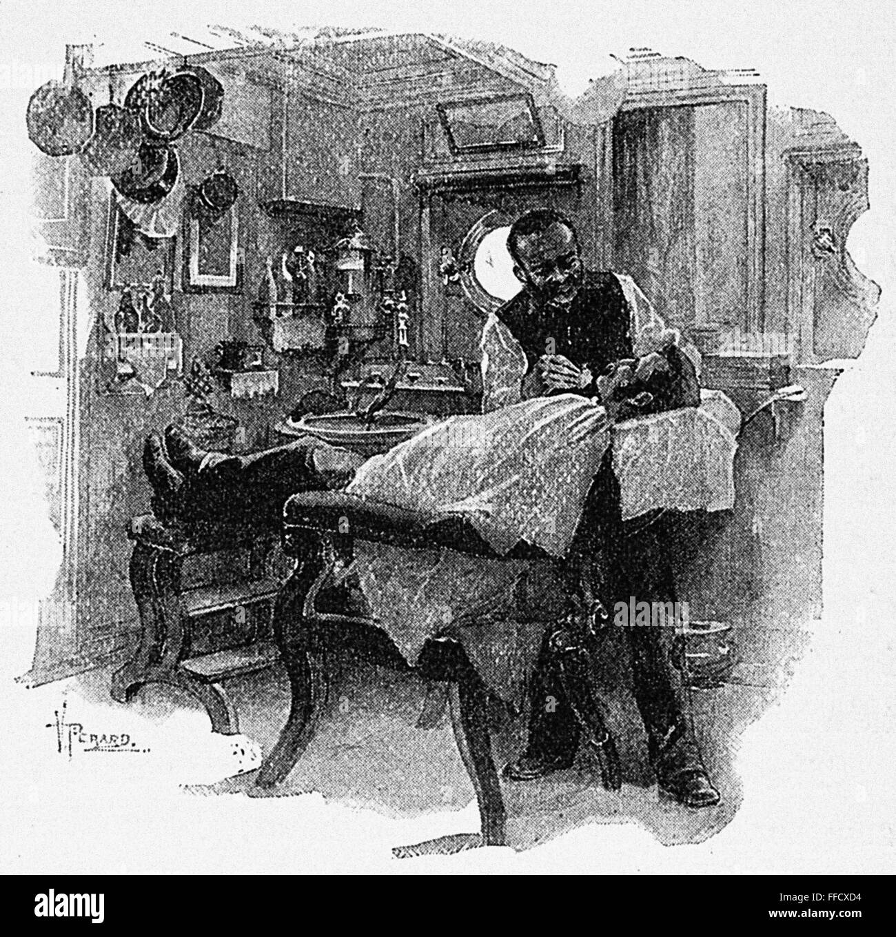 OCEAN STEAMER: BARBER, 1890. /nThe barber giving a shave to a passenger ...
