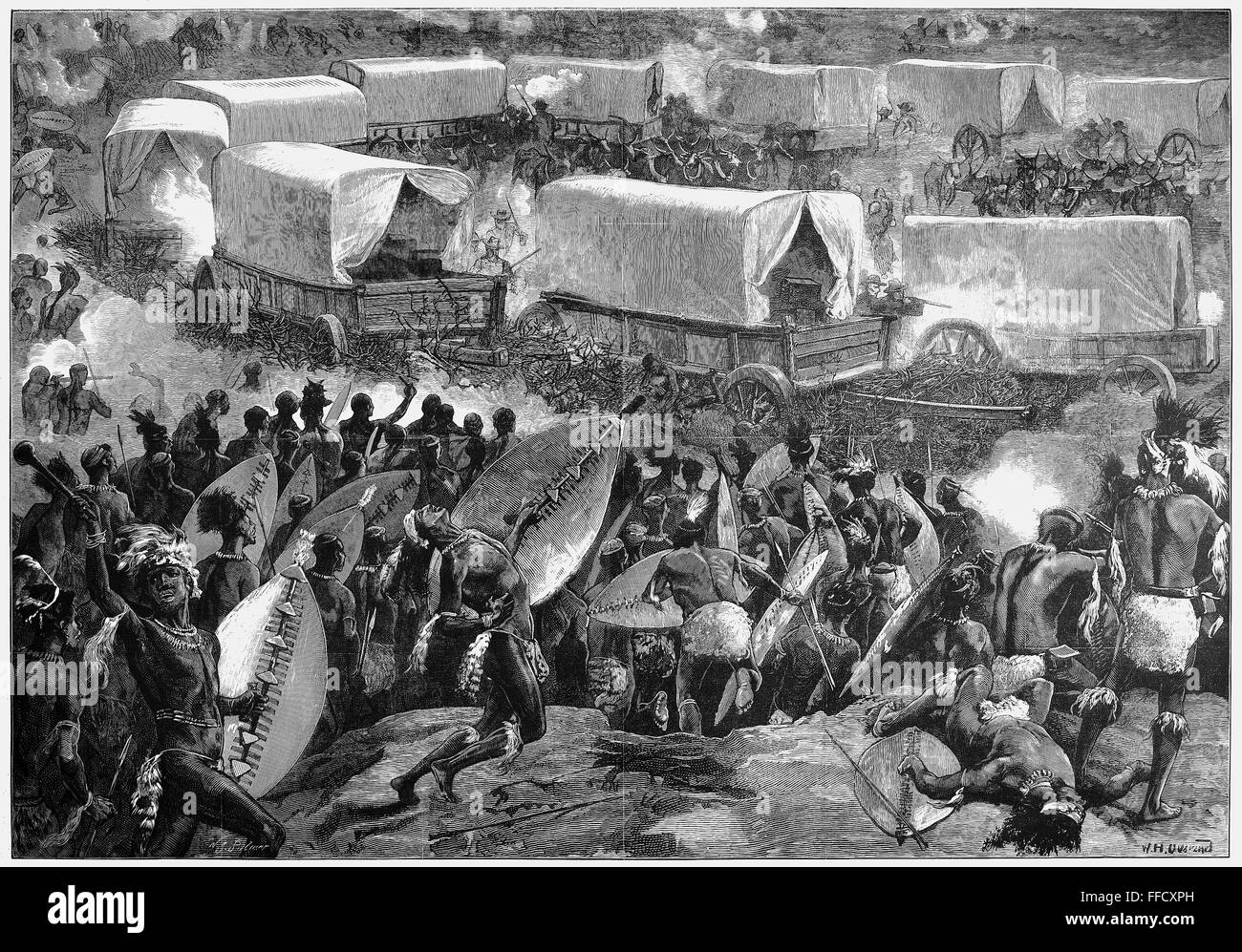ZULU WAR: LAAGER DEFENSE. /nBritish forces circling wagons against a ...