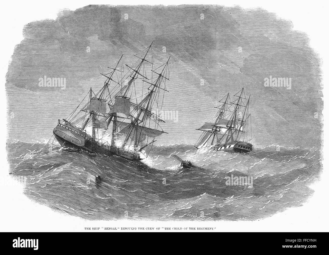 RESCUE AT SEA, 1858. /nThe English barque 'Bengal' rescuing the crew of ...