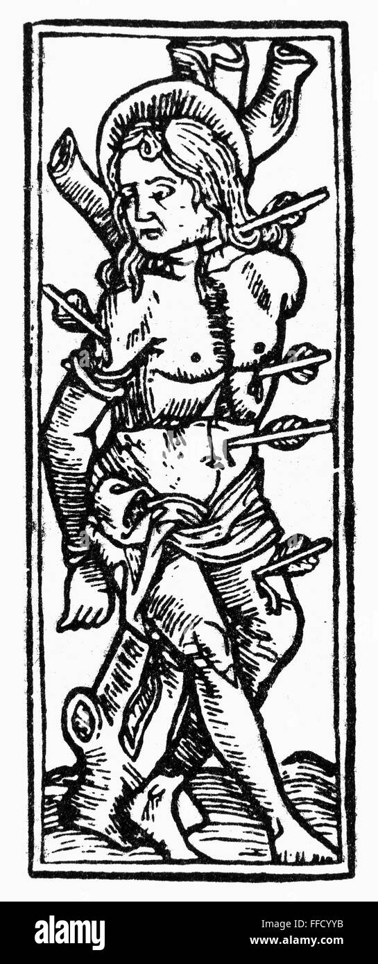 SAINT SEBASTIAN. /nThe martyrdom of Saint Sebastian. Woodcut Stock ...