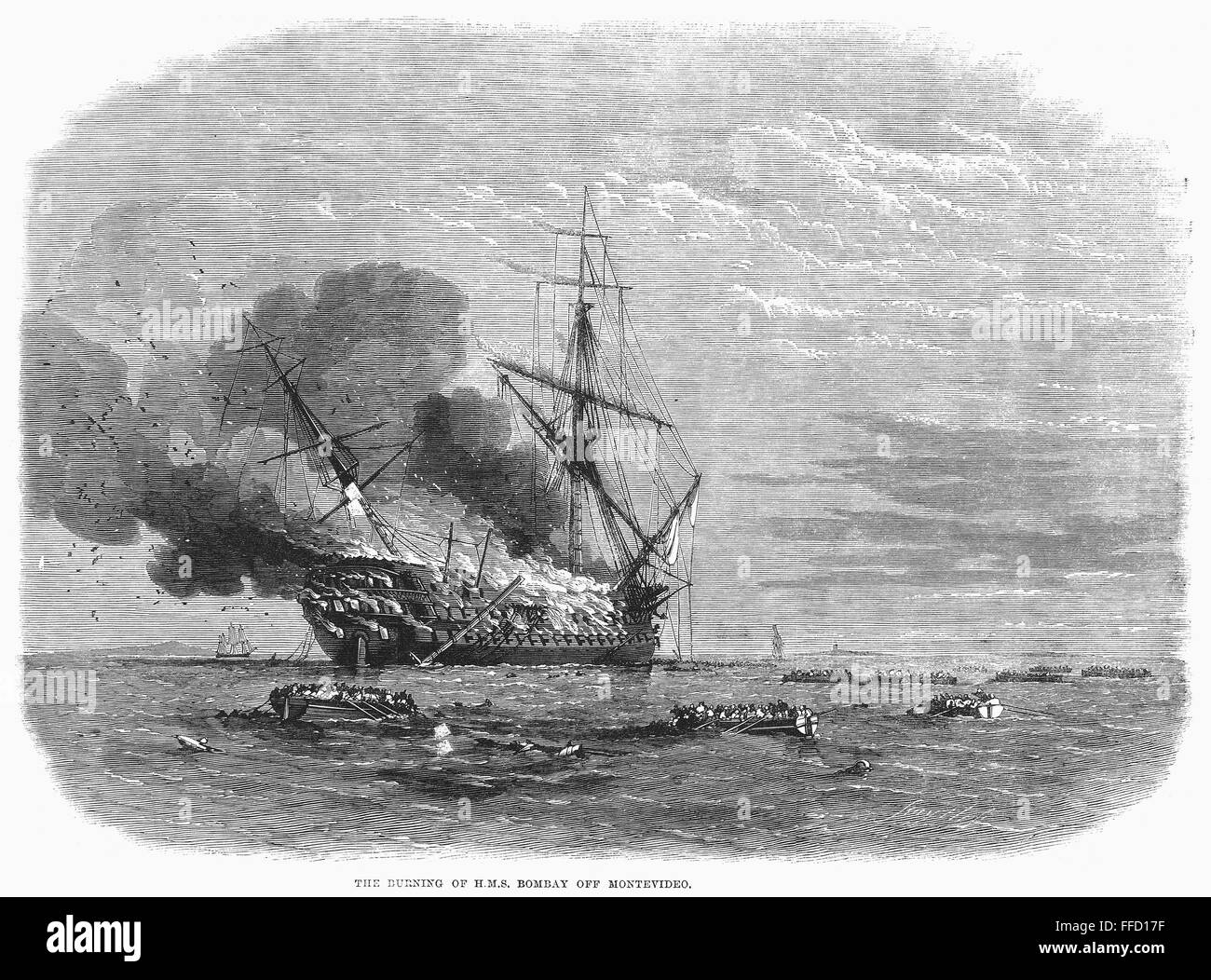 HMS BOMBAY BURNING, 1865. /nThe burning of HMS Bombay off Montivedeo ...