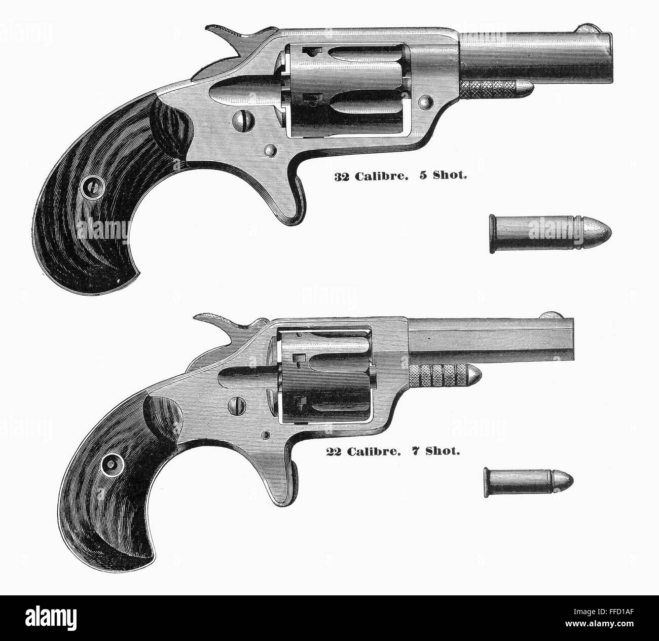 REVOLVERS, 19th CENTURY. /n5-shot and 7-shot revolvers. Line engraving ...