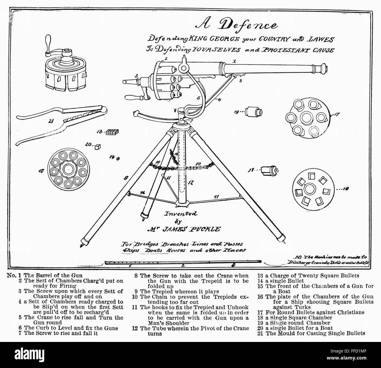 PUCKLE GUN, 1718. /nPatent drawing for the tripod-mounted flintlock ...