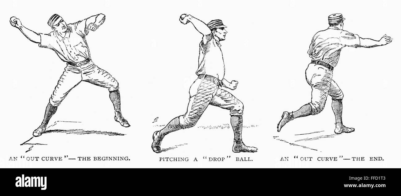 BASEBALL PITCHING, 1889. /nPositions of a baseball pitcher. Wood ...