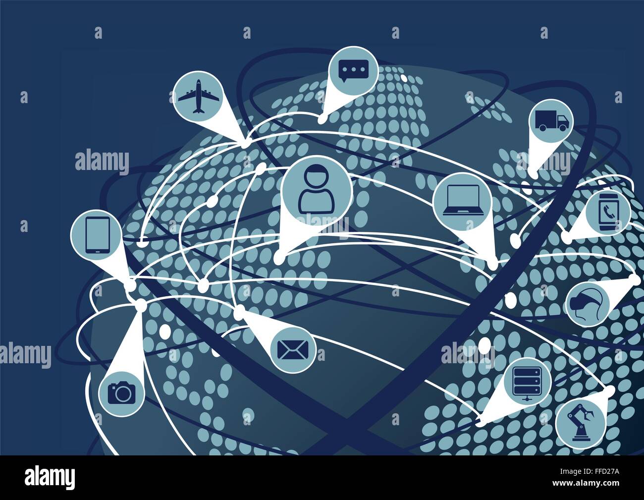 Global network of Internet of Things (IoT) as vector illustration. Earth with globe and dotted ...