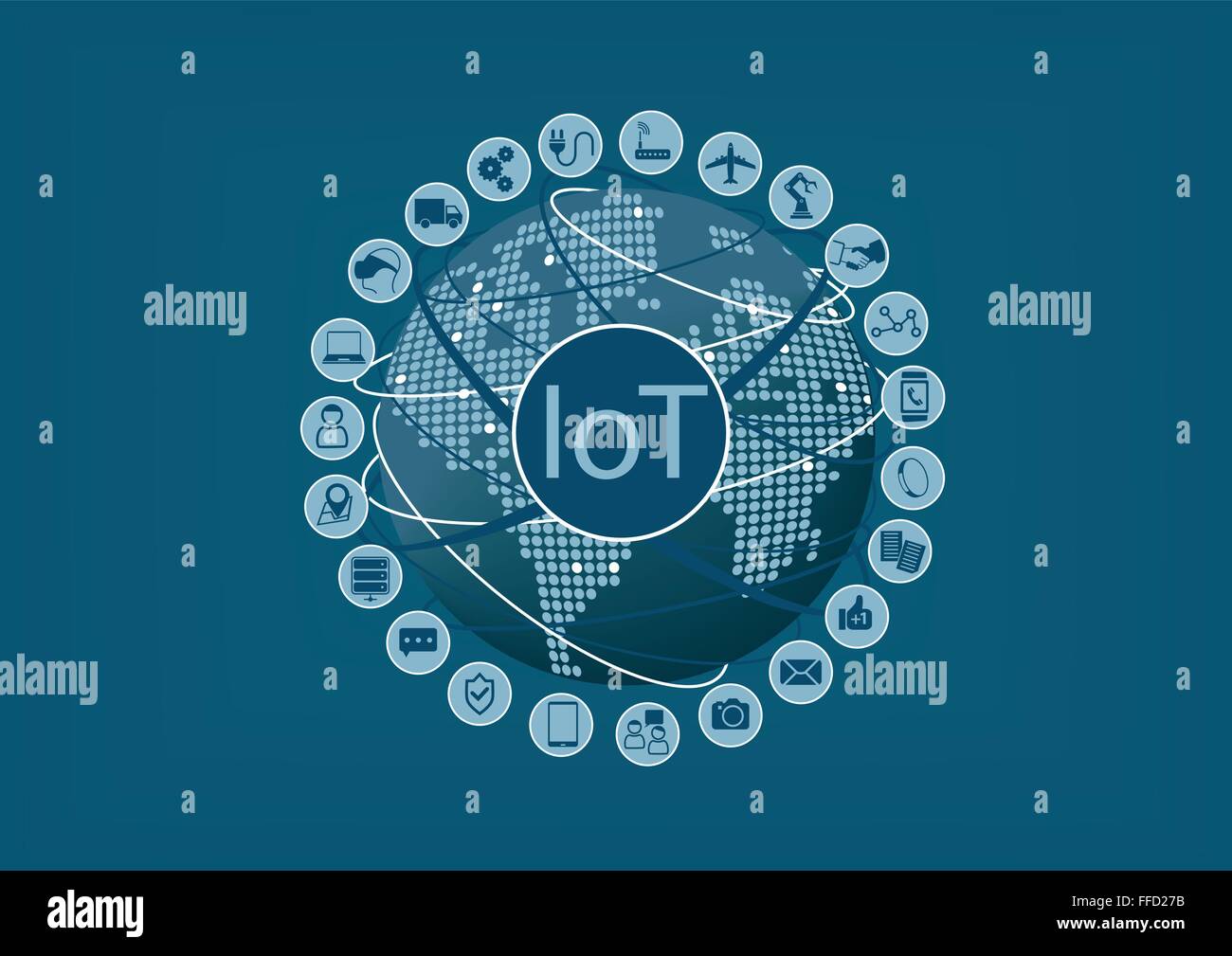 Internet of Things (IoT) word and icons with globe and world map Stock ...