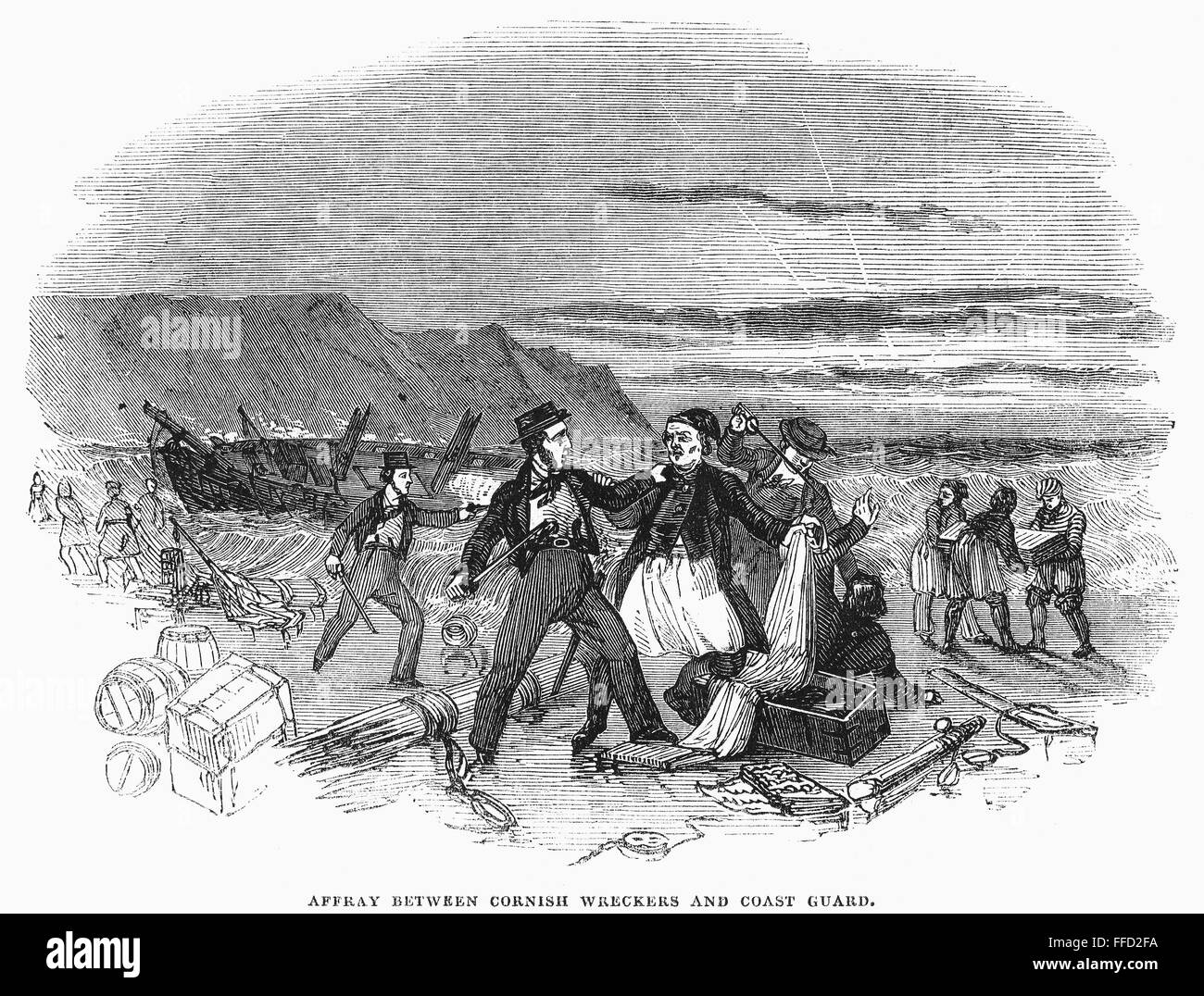 WRECKING A SHIP, 1843. /nArmed English coast guards battling wreckers ...