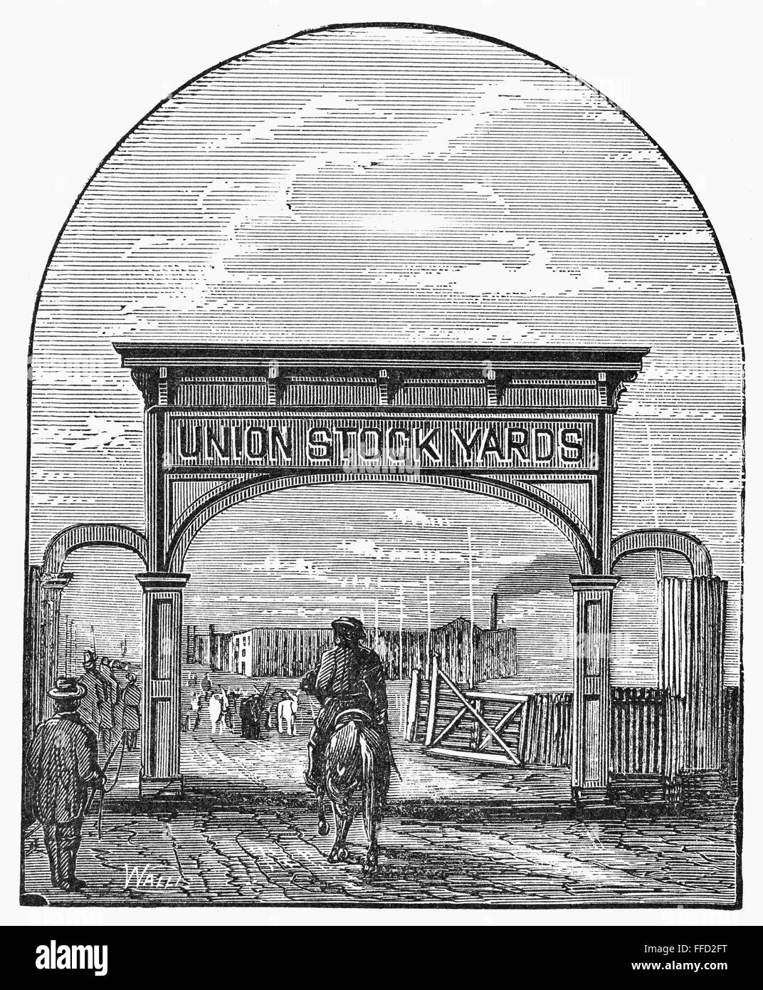 CHICAGO: STOCKYARDS, 1878. /nEntrance to the Union Stockyards, at the ...
