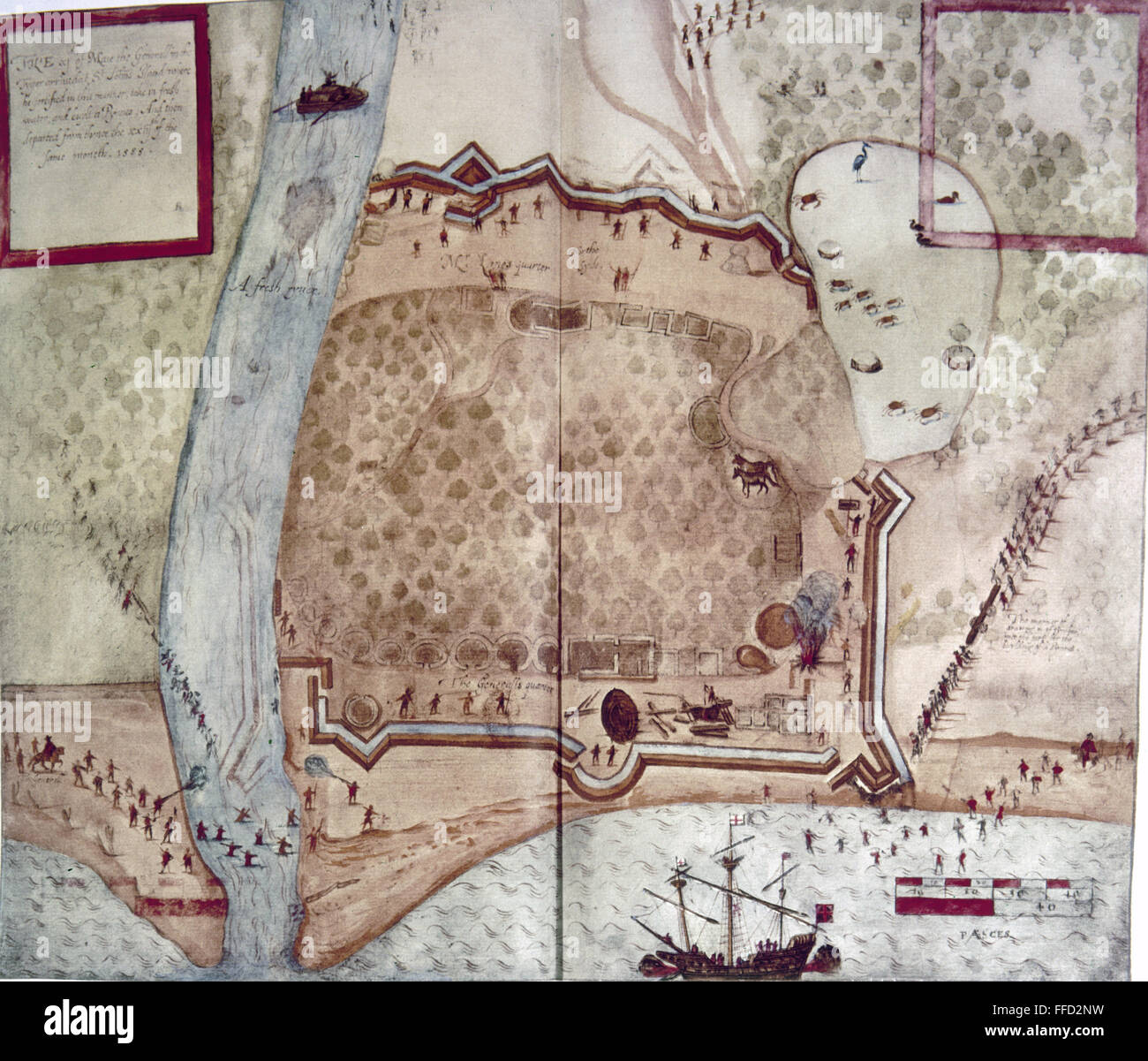 MAP: JOHN WHITE, c1585. /nThe camp of Englishmen on St. John's Island ...