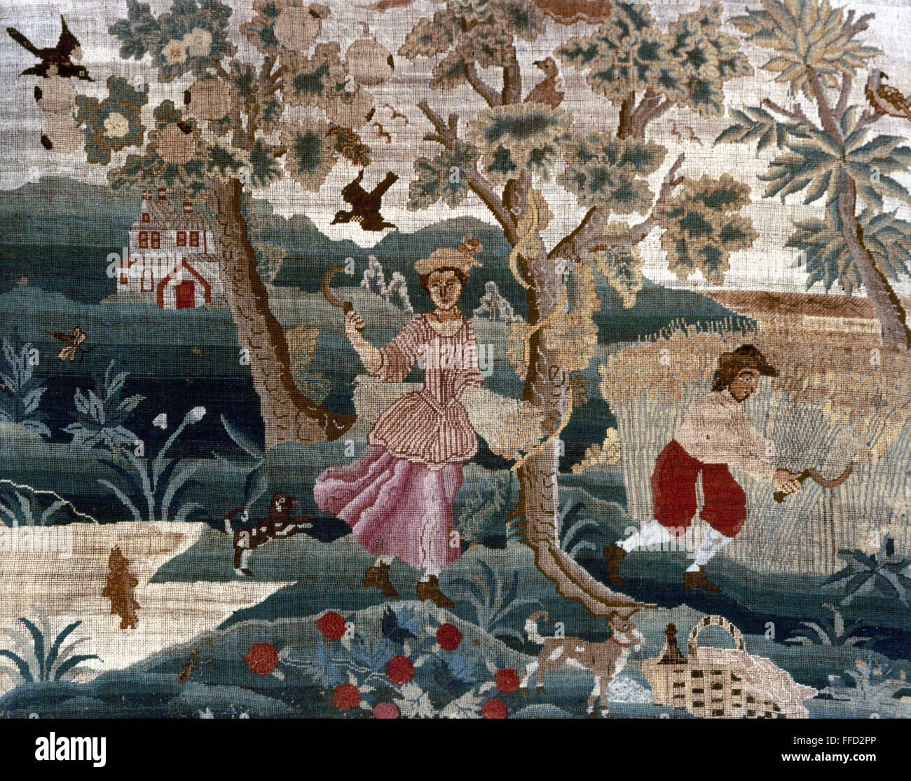HARVEST, 18th CENTURY. /n'Harvest Scene' in New England. Needlepoint by ...
