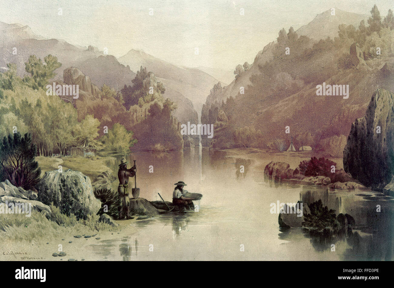 CALIFORNIA GOLD RUSH. /n'Panning Gold, California.' Watercolor by ...