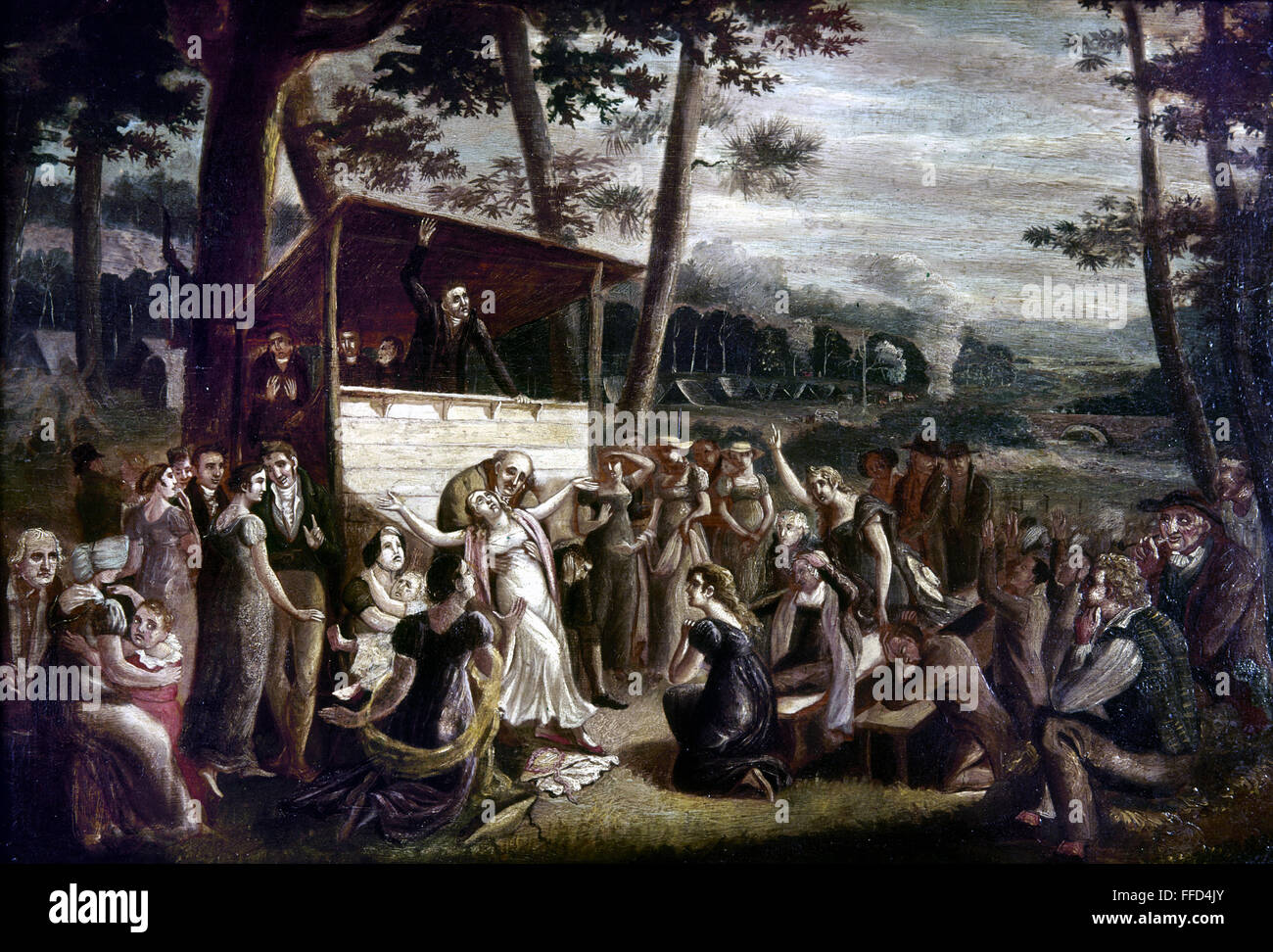 REVIVAL MEETING, 1850. /nAmerican Christian revival meeting. Oil on ...