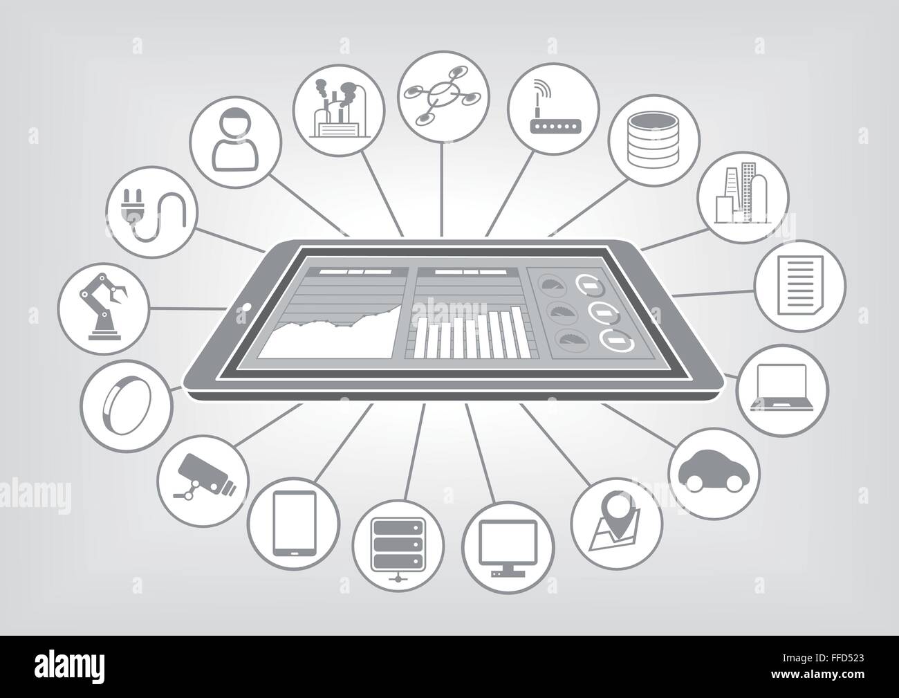 Flat white and grey design vector illustration with smart phone and big ...