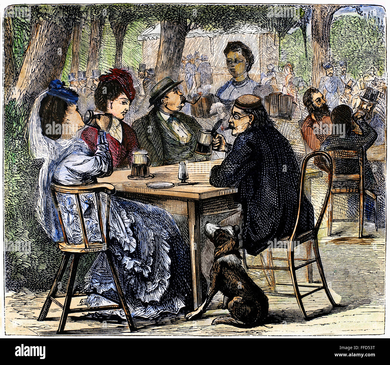 GERMAN BEER GARDEN, 1870. /nA Beer Garden at Wⁿrzburg, Germany. Wood ...