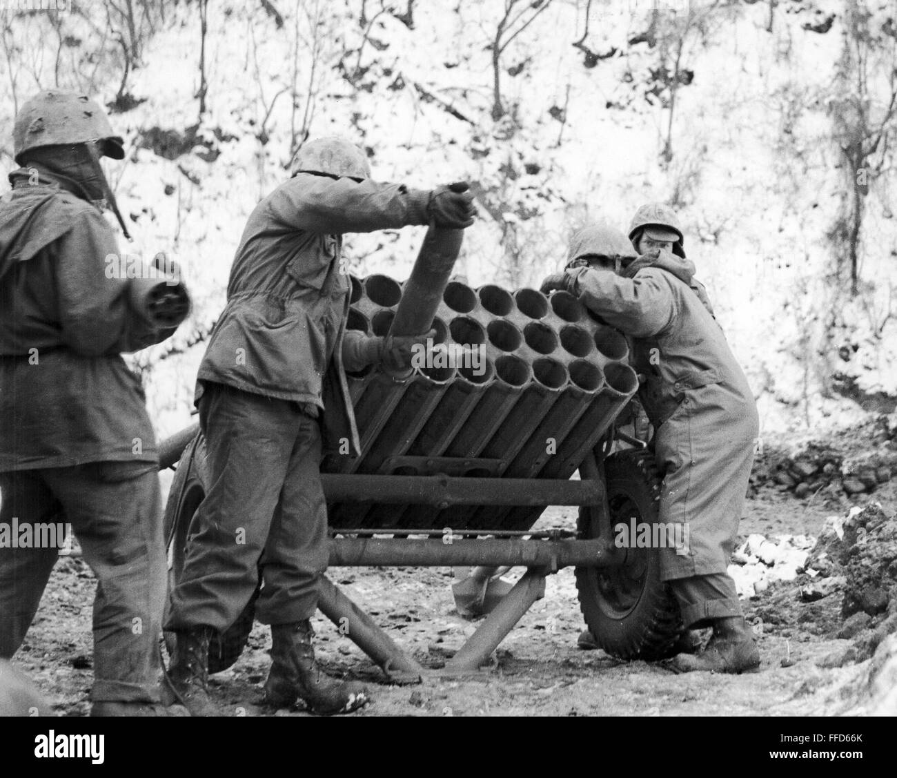 KOREAN WAR: ROCKET. /nA U.S. Marine Corps 24-rail T66 rocket launcher ...