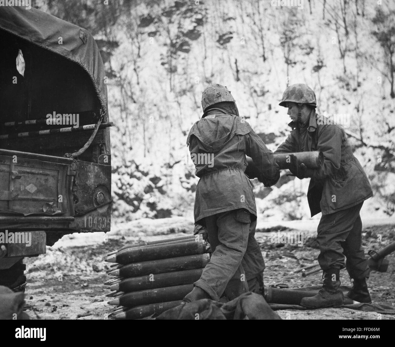KOREAN WAR: ROCKETS. /nU.S. Marines piling rockets for the 24-rail T66 ...