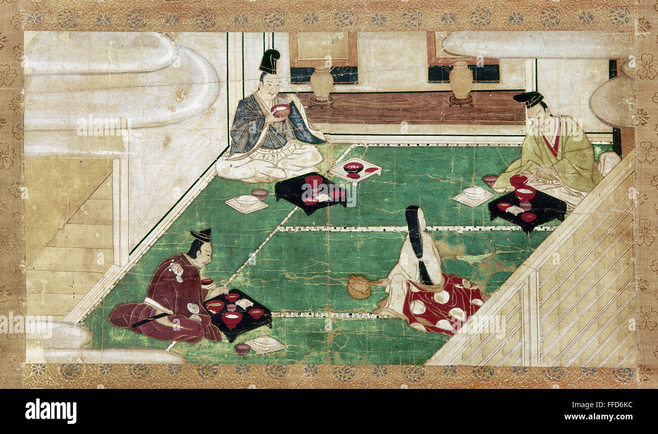 JAPAN: EATING RICE. /nSamurai eat rice out of lacquer bowls while a ...