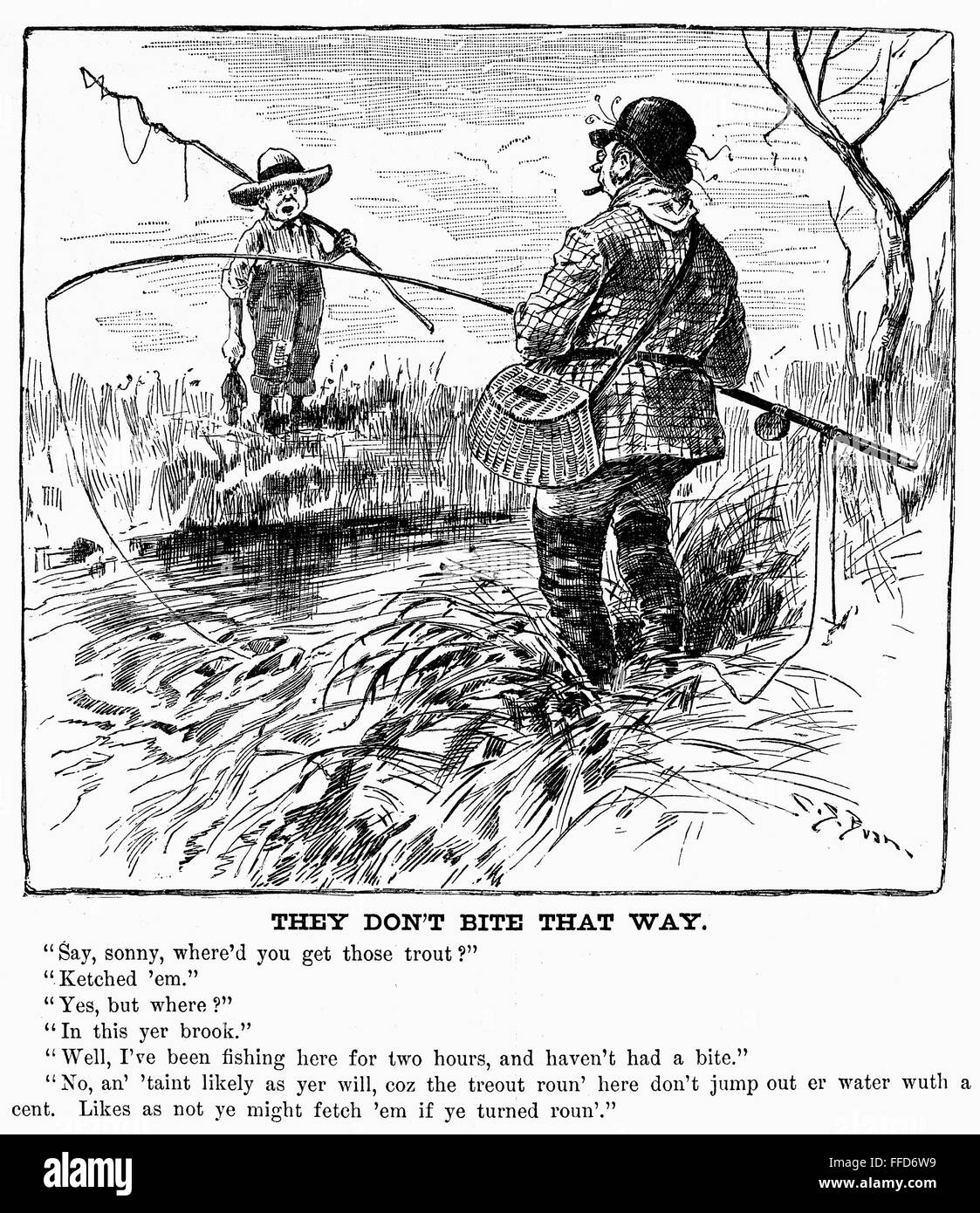 FISHING CARTOON, 1888. /n'They don't bite that way.' American cartoon ...