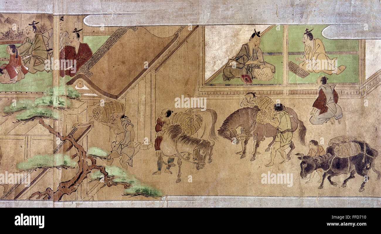 JAPAN: TAXATION, c1575. /nFarmers pay taxes in rice to their local ...