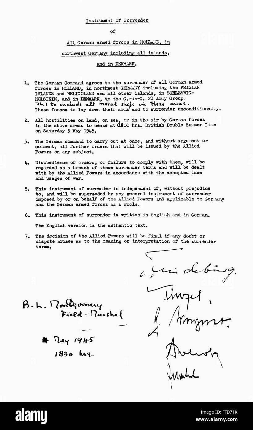 GERMAN SURRENDER, 1945. /nInstrument of surrender of German forces in ...