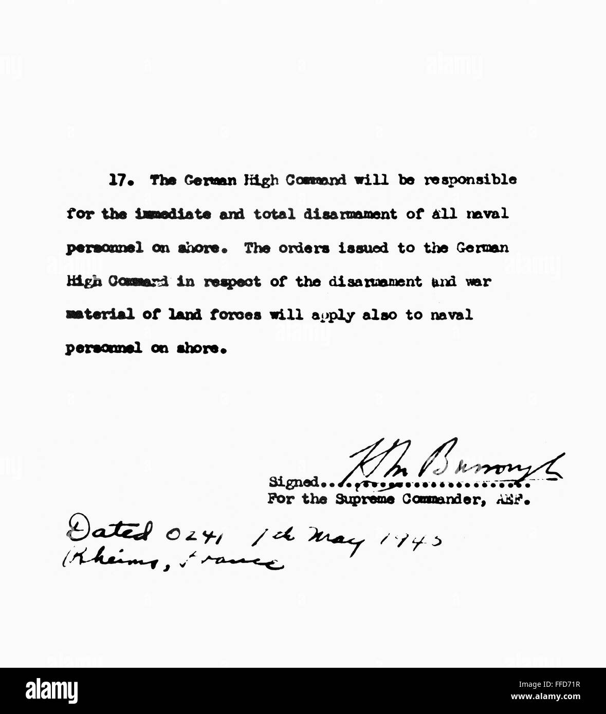 GERMAN SURRENDER, 1945. /nConcluding page of special orders from Allied ...
