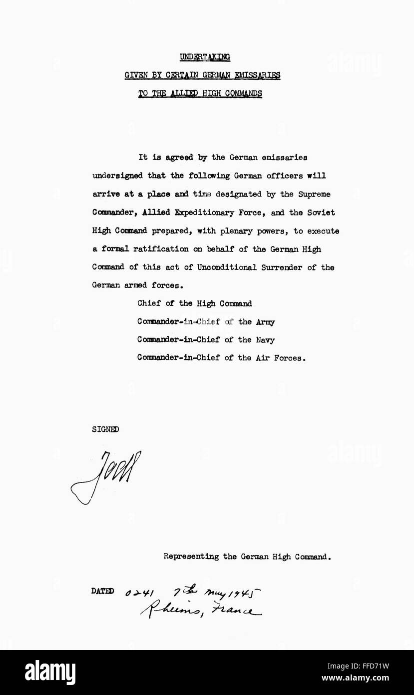 GERMAN SURRENDER, 1945. /nAgreement signed by General Alfred Jodl on ...