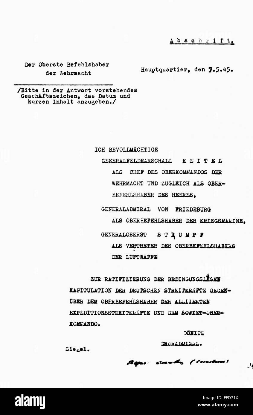 GERMAN SURRENDER, 1945. /nLetter from Admiral Karl Doenitz, acting head ...