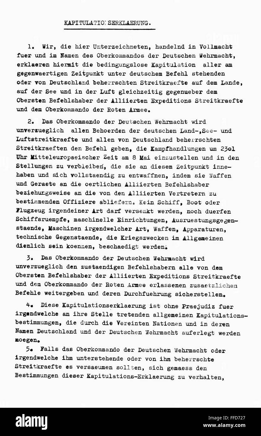 GERMAN SURRENDER, 1945. /nFirst page of the German version of the ...