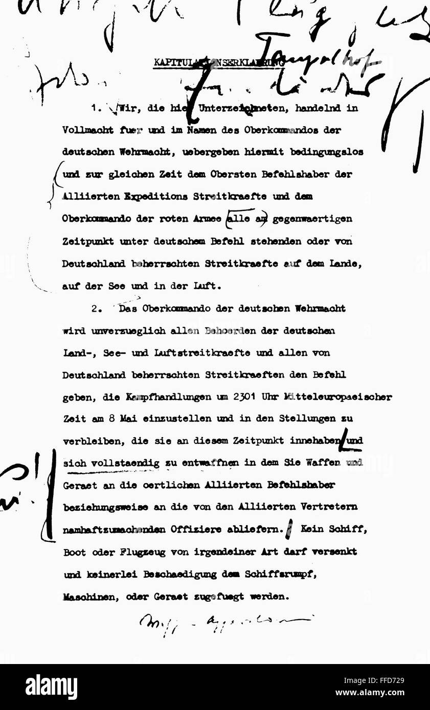 GERMAN SURRENDER, 1945. /nCopy of the first page of the German version ...