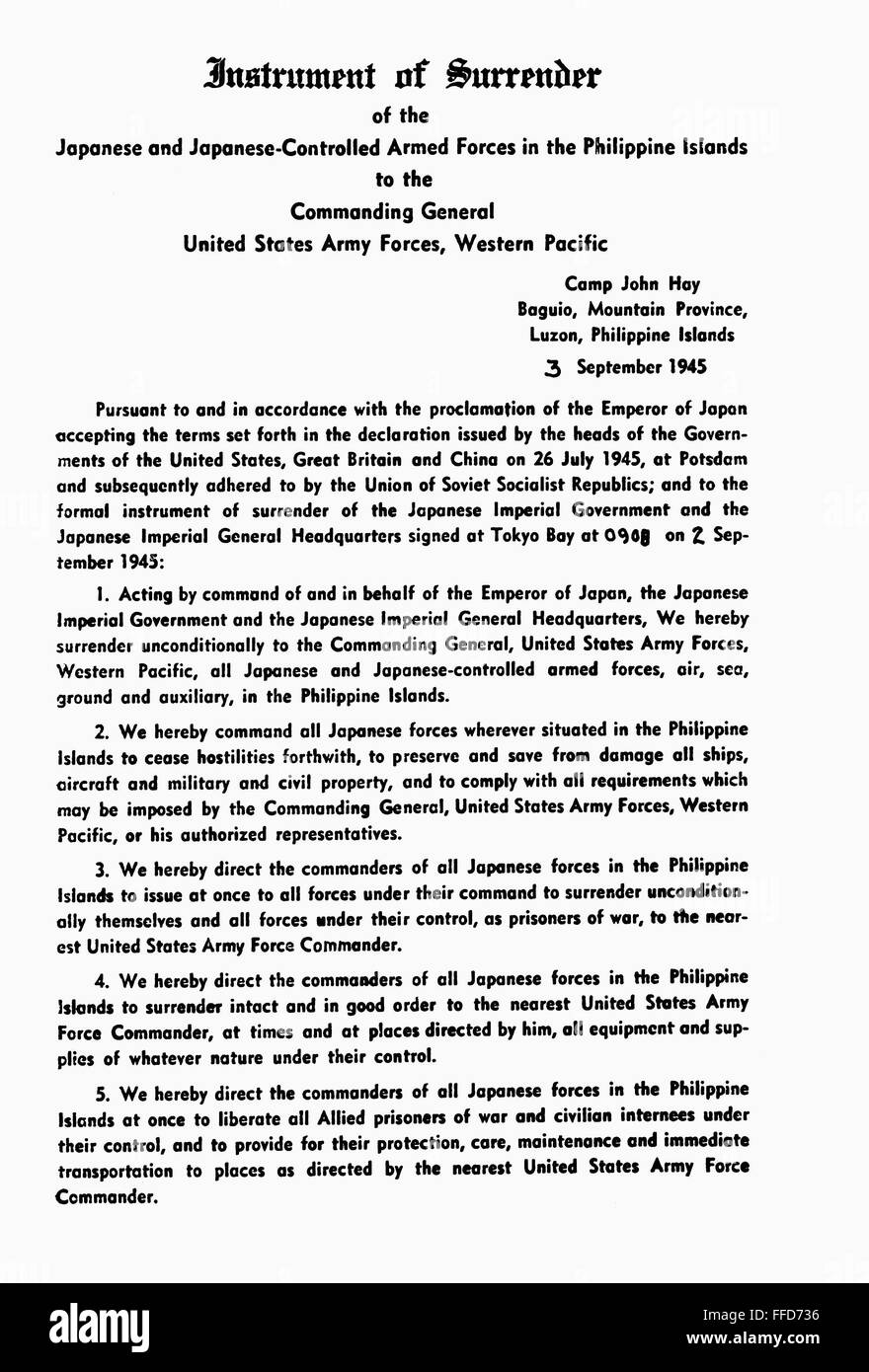 JAPANESE SURRENDER, 1945. /nFirst page of the instrument of surrender ...