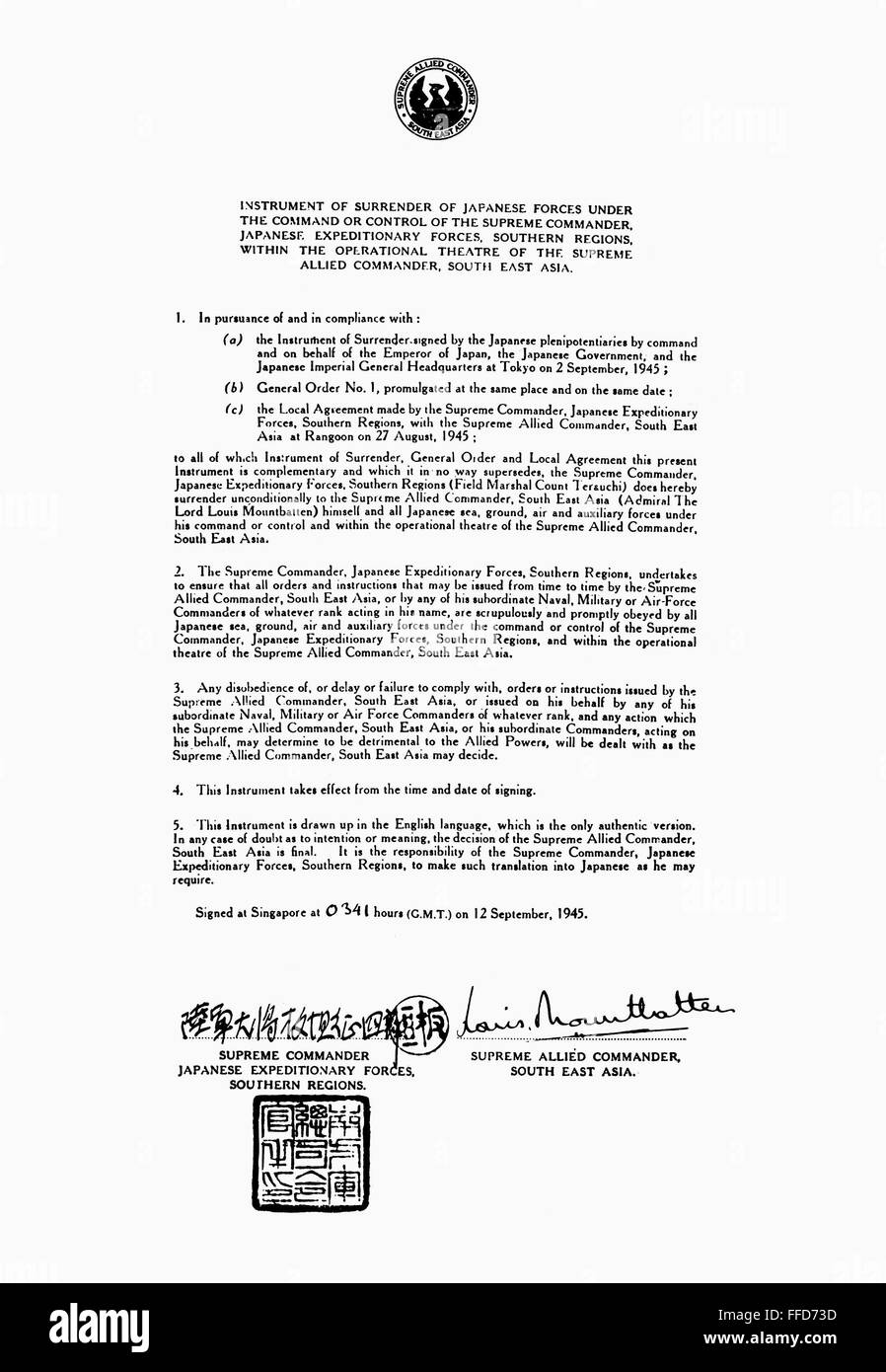 JAPANESE SURRENDER, 1945. /nInstrument of surrender of Japanese forces ...