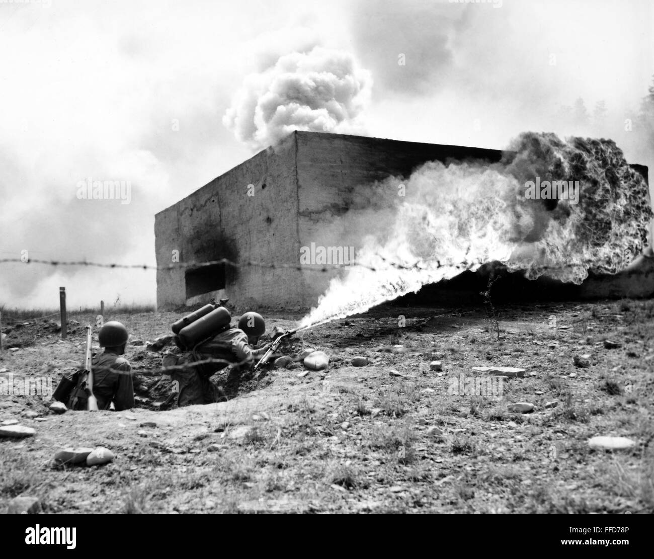 WORLD WAR II: TRAINING, 1943. /nWest Point cadets using a flamethrower ...
