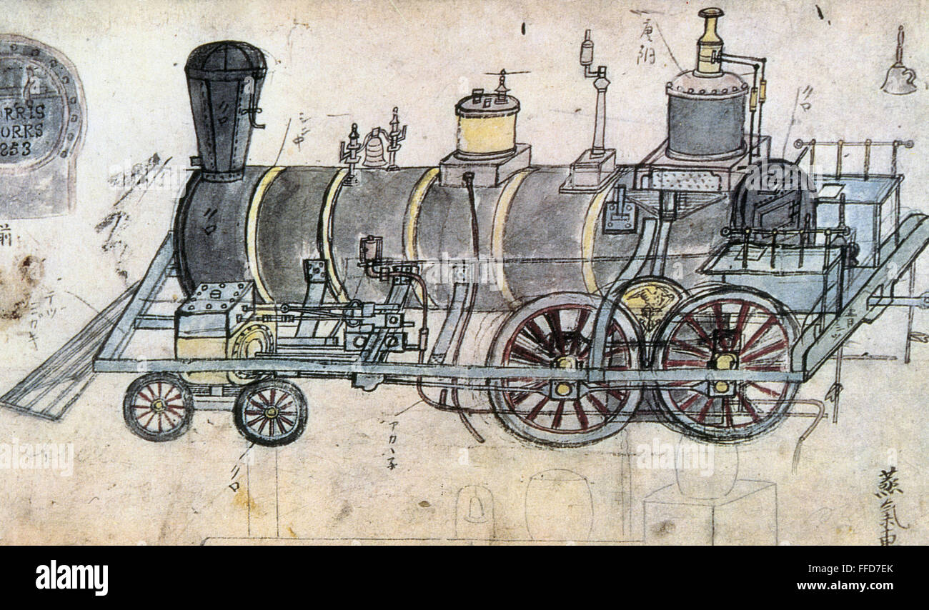 JAPAN: PERRY EXPEDITION. /nWorking steam engine presented by Commodore ...
