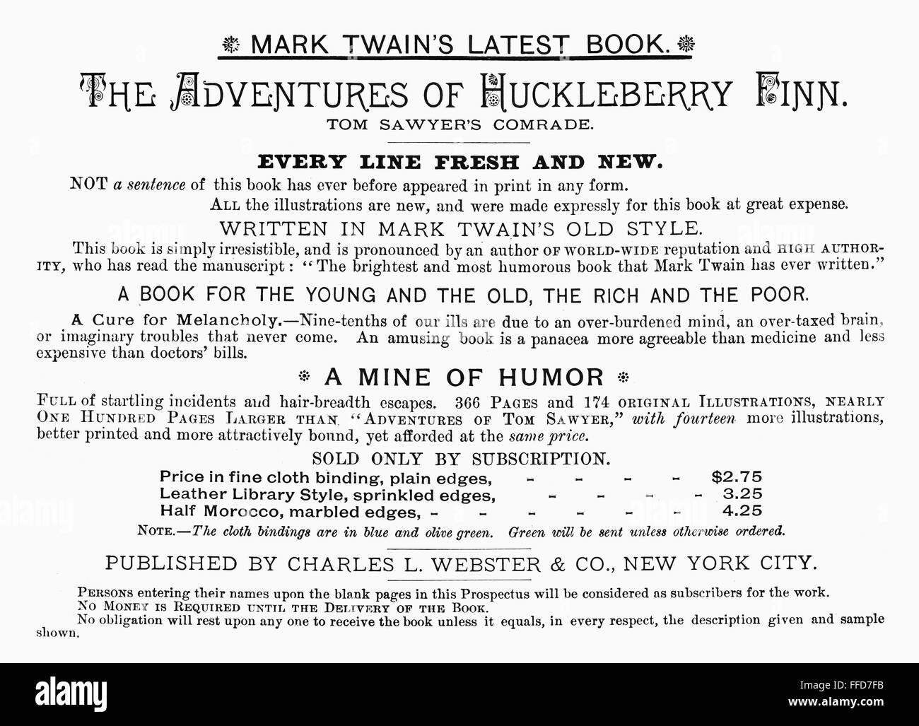 HUCKLEBERRY FINN, 1885. /nAdvertisement for the first American edition ...