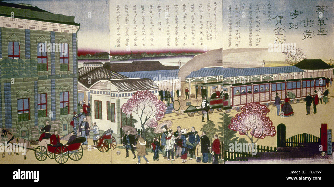 JAPAN: RAILROAD, 1872. /nView of railroad station (with train schedule ...